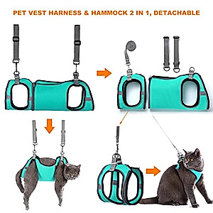 RHD Multi-Function Detachable Pet Grooming Hammock Harness & Vest Harness, 4.6ft Nylon Pet Leash, Pet Grooming Supplies Kit with Nail Clippers, Nail File, Pet Comb - Soft,Mesh,Reflective Thread,Cyan,S