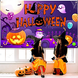 Large Happy Halloween Banner Backdrop 72x44 Inch, Spooky Pumpkin Happy Halloween Banner for Purple Halloween Party Decorations, Halloween Pumpkin Banner Photo Booth Background