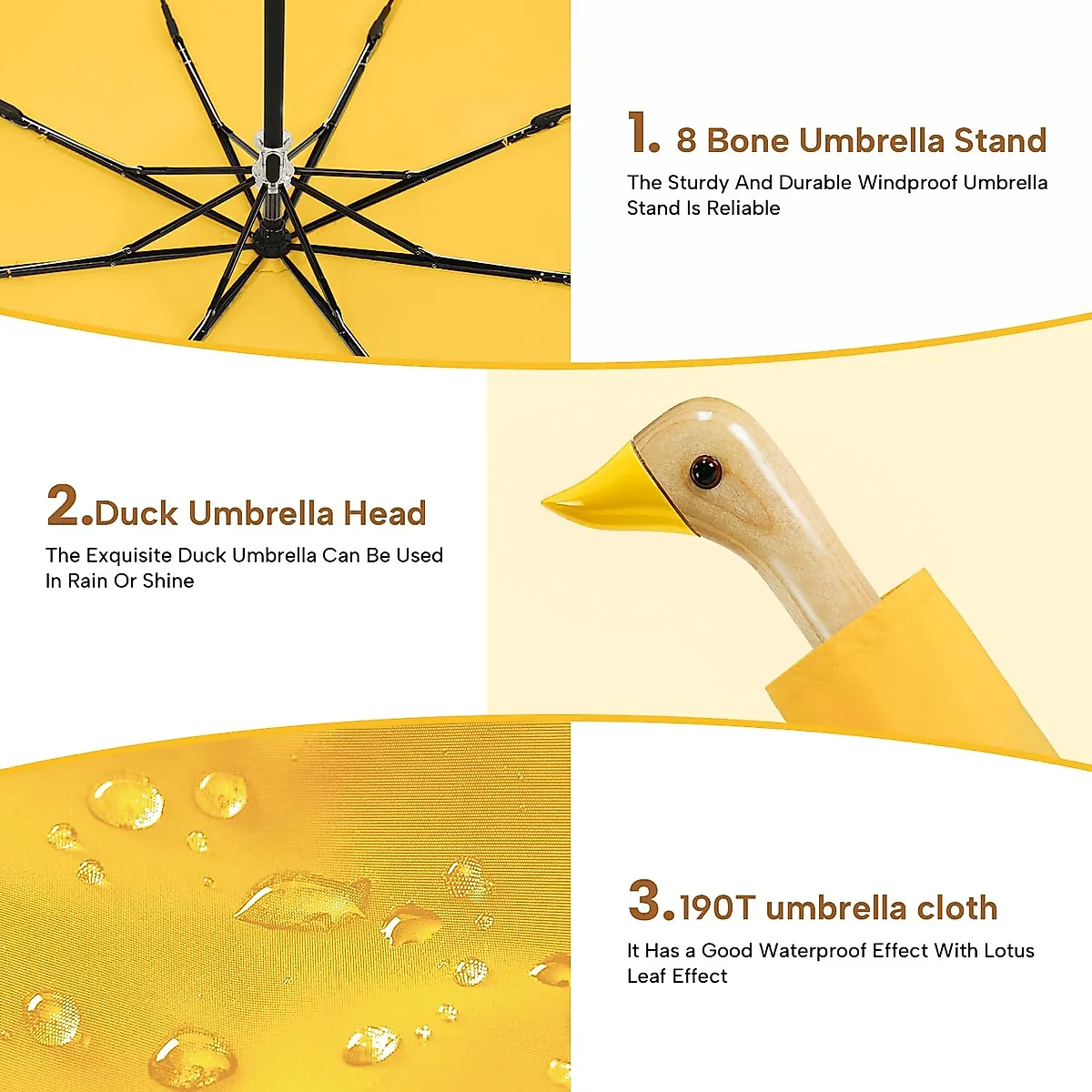 LEAGERA Compact Umbrellas for Rain&Sun, Travel Umbrella Cute Duck Head Handle Design for Girls Gifts, Steady 8 Ribs Folding Umbrella Lightweight and Small,Yellow