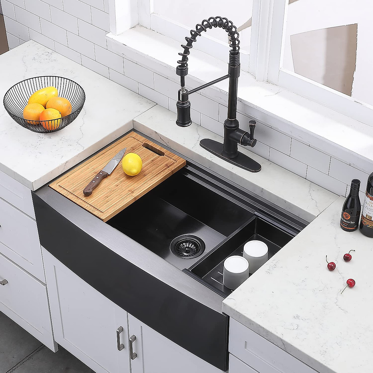 KINGO HOME 33 inch Black Farmhouse Sink, 16 Gauge Ledge Stainless Steel Rustic Farmhouse Sink Apron Front Undermount Farm Kitchen Sink with Accessories Farmers Sink Rustic Farmhouse Kitchen Sink