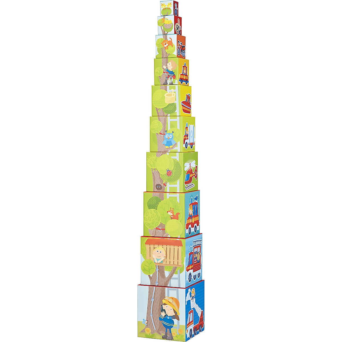 HABA Fire Brigade Sturdy Cardboard Nesting & Stacking Cubes - Reinforcing Numbers 1-10 with Rescue Themes on Each Side