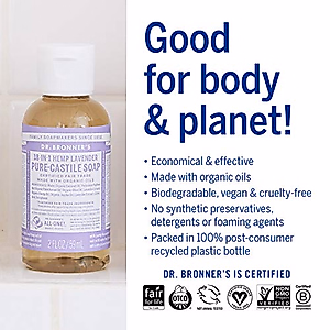 Dr. Bronner’s - Pure-Castile Liquid Soap (Lavender, 2 ounce) - Made with Organic Oils, 18-in-1 Uses: Face, Body, Hair, Laundry, Pets and Dishes, Concentrated, Vegan, Non-GMO