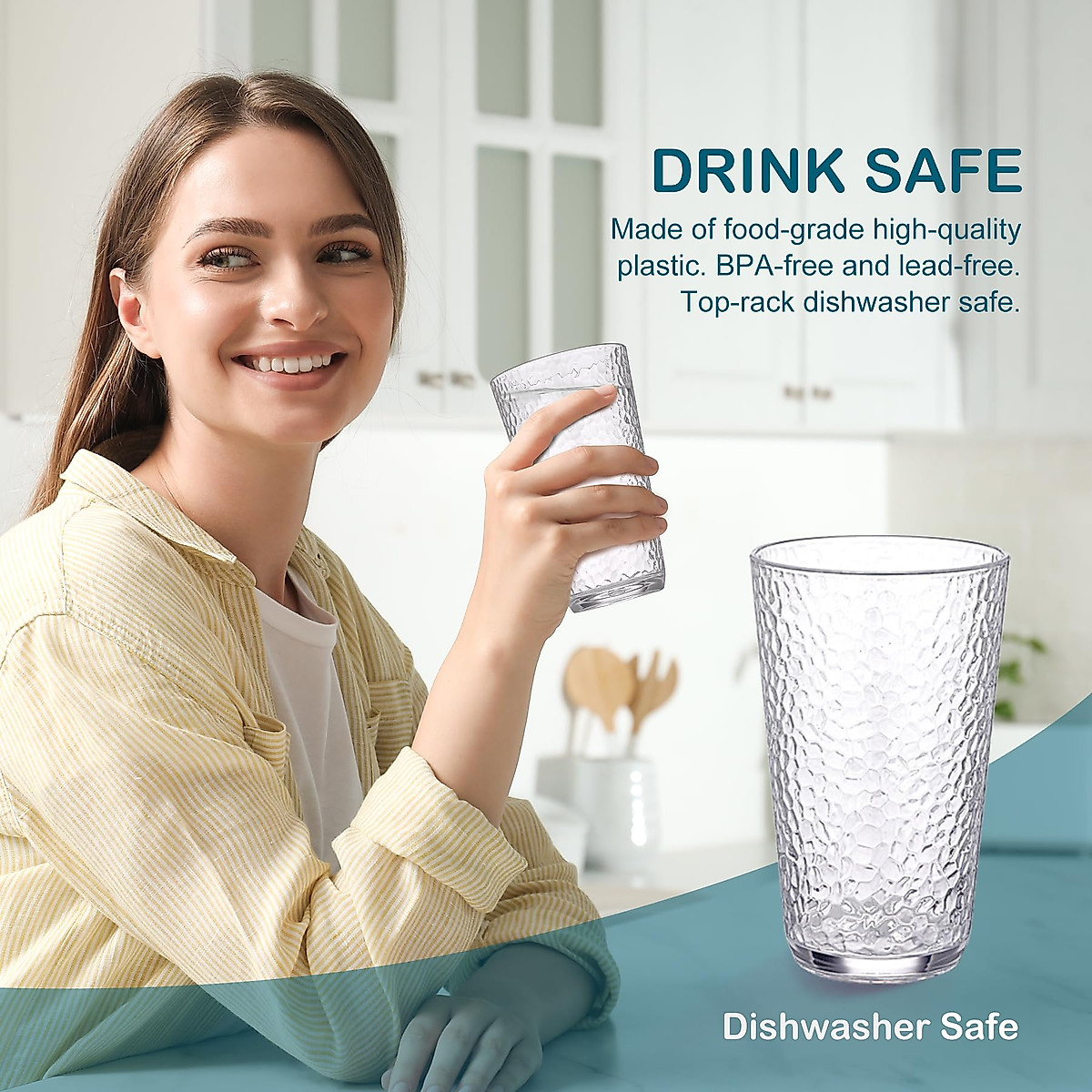 CiWiVOKi Plastic Drinking Glasses (Set of 16), 17oz Plastic Tumblers, Acrylic Glasses Drinkware, Reusable Plastic Cups for kitchen, Stackable, BPA-Free, Dishwasher-Safe, Clear