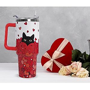 Nqhsionv Valentines Cat Tumbler with Handle 40 oz Cute Black Cat Love Hearts Coffee Travel Mug Stainless Steel Insulated Cup Valentines Anniversary Wedding Birthday Gifts for Women Cat Lover