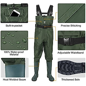 TIDEWE Bootfoot Chest Wader, 2-Ply Nylon/PVC Waterproof Fishing & Hunting Waders with Boot Hanger for Men and Women Green Size 11
