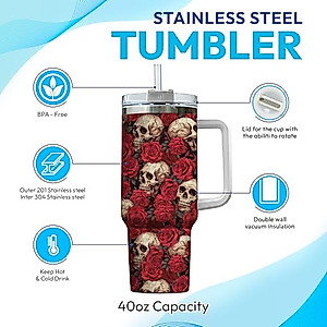 Hyturtle Personalized Gothic Skull Tumbler - Sunflower Gifts For Skeleton Lover - Horror Lover Gift - Gift For Women On Halloween - Skull Lover Gift - Custom Travel Coffee Cup 40oz With Lid And Straw