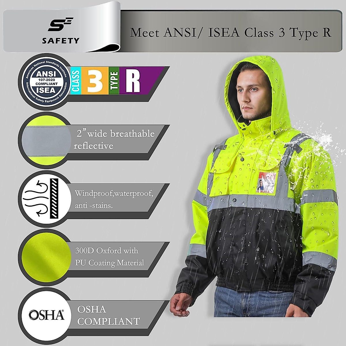 Reflective Hi Vis Winter Jacket, Safety Yellow Jackets for Men, High Visibility Work Construction Jackets