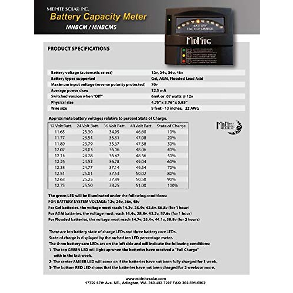 Midnite Solar Battery Capacity Meter, Model# MNBCM