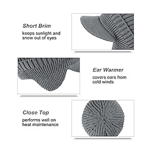 Koreshion Men's Winter Visor Beanie Hat with Earflaps Knit Baseball Cap with Brim Ski Hat Warm Fleece Lined Hunting Hat Grey
