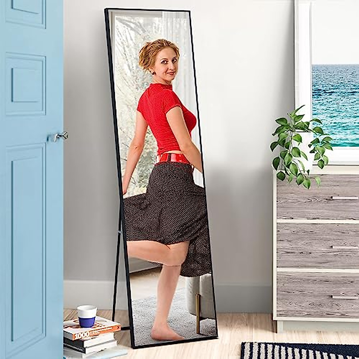 WIIS' IDEA 58"x15"Full Length Mirror,Durable Solid Wood Frame,Explosion-Proof Film,High-Definition Full Body Mirror,Standing/Leaning/Hanging Long Mirror for Bedroom,Bathroom,Living Room(Black)