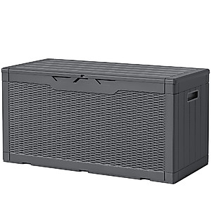 Devoko 97 Gallon Deck Box, Waterproof Resin Outdoor Storage Box for Outside and Patio, Large Outdoor Storage Bench Cabinet Lockable for Patio Furniture, Garden Tools and Pool Supplies (Gray)