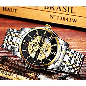 BIDEN Mens Watches Gold Mechanical Automatic Self-Winding Stainless Steel Skeleton Luxury Waterproof Diamond Dial Wrist Watches for Men