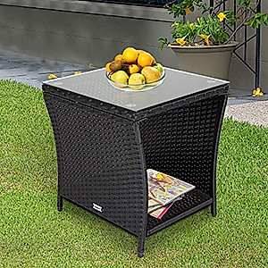 kinbor Porch Side Table, Wicker Table with Storage, Outdoor Square Side Tables for Patio Garden Porch, Black