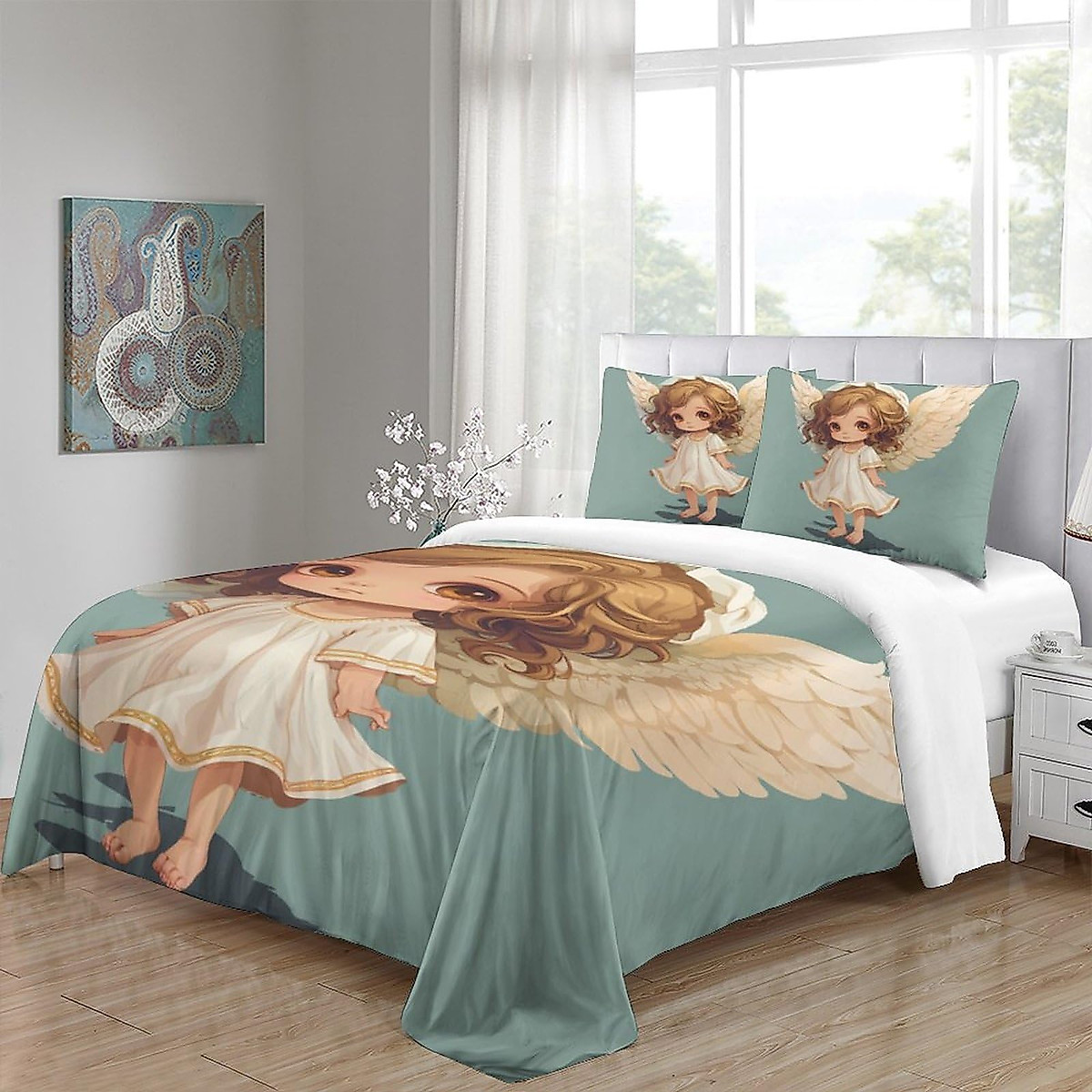 SorEci Angel with Wings Comforter Covers 3D Printed Cute Style Duvet Cover Quilt Cover Bedding Set Microfiber for Childrens and Adults with Pillowcases 3 Pieces with Zipper Closure Queen（228x228cm）