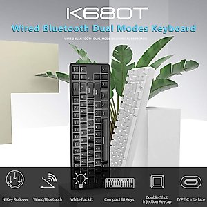 NACODEX K680T 60% Wireless/Wired Mechanical Keyboard - Compact 68 Keys 1000mAh Rechargeable Gaming/Office Keyboard Multi-Device for iOS Android Windows and Mac (Blue Switch White Backlit Black)