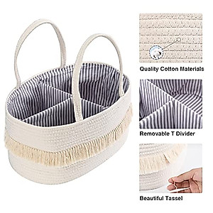 MBJERRY Baby Rope Diaper Caddy Organizer - Nursery Storage Bin Canvas Portable Diaper Storage Basket with Removable Inserts for Changing Table &Car, Newborn Baby Shower Basket