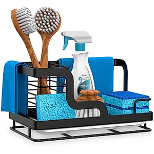 BSKSSK Sink Caddy, Kitchen Sink Organizer Sponge Holder, Dish Soap Scrubber Holder with Removable Drain Pan, Sink Brush Holder Kitchen Sink Stainless Steel for Sponge, Soap, Dishcloth, Scrubber-Black