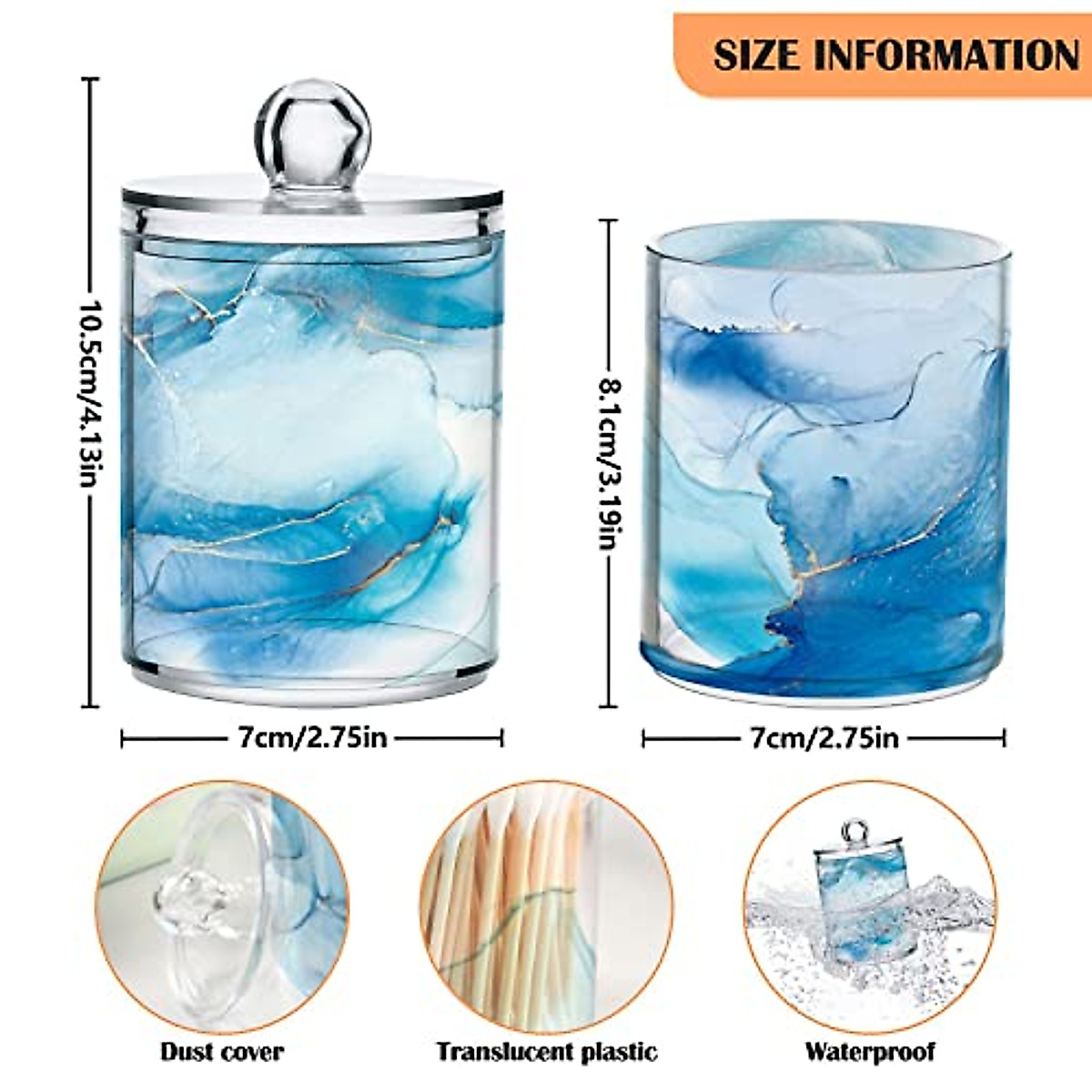 ALAZA 4 Pack Qtip Holder Dispenser Teal Turquoise Marble Bathroom Organizer Canisters for Cotton Balls/Swabs/Pads/Floss,Blue Marble Plastic Apothecary Jars for Vanity