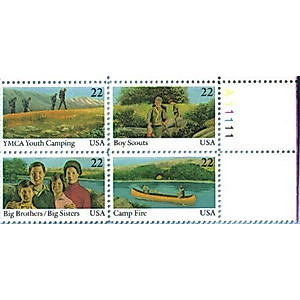 BOY SCOUTS, CAMP FIRE GIRLS, YMCA CAMPING, BIG BROTHERS, BIG SISTERS ~ INTERNATIONAL YOUTH YEAR #2163a Plate Block of 4 x 22¢ US Postage Stamps