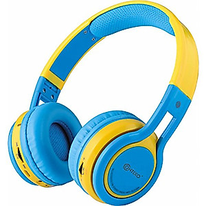 Contixo KB-2600 Kid Safe 85dB Over The Ear Foldable Wireless Bluetooth Headphone with Volume Limiter, Built-in Micro Phone, Micro SD Card Music Player, FM Stereo Radio, Blue/Yellow