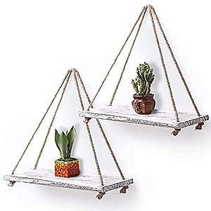 CuffUp Rope Hanging Shelves for Wall, Hanging Wall Shelves Floating Shelves White for Wall 2 Set of Whitewashed Rustic Wall Decor