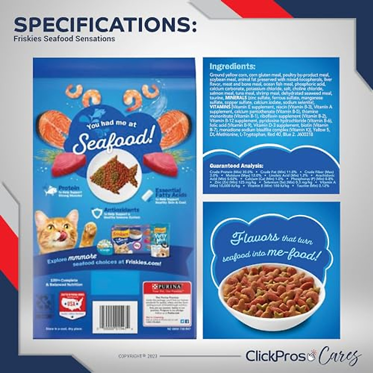 ClickPros Friskies Dry Cat Food Seafood Sensations Bundle | Includes 2 Bags of Friskies Dry Cat Food Salmon, Tuna, and Shrimp Flavors (3.15 LB) Pet Guide and 2 Toothbrushes!