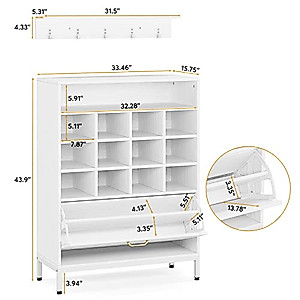 Tribesigns Shoe Cabinet with Coat Rack, Entryway Shoe Storage with Flip Door and 12 Shoe Cubbies, White Shoe Organizer Rack for Narrow Closet, Entryway, Living Room, 20 Pairs