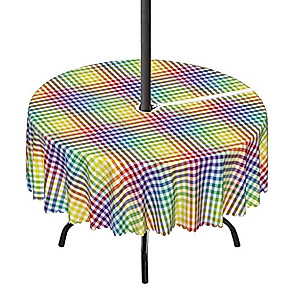 Lirduipu Checkered Pattern Round Outdoor Tablecloth,Outdoor Round Tablecloth with Umbrella Hole - Water Resistant Spillproof,for Patio Garden Tabletop Decor(52" Round,Multicolor)