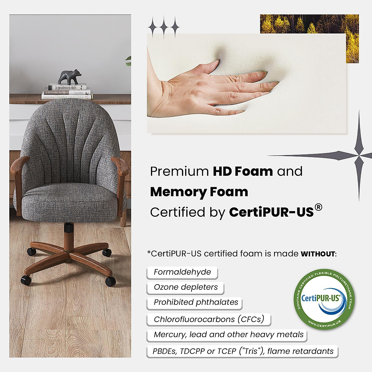 Chromcraft Set of 4 Caster Swivel Tilt Dining Chairs, Luxe Casual Wooden Arm All-Metal Pedestal Base Chairs with Rolling Wheels for Kitchen(Fonzo Marble-Chestnut Oak)