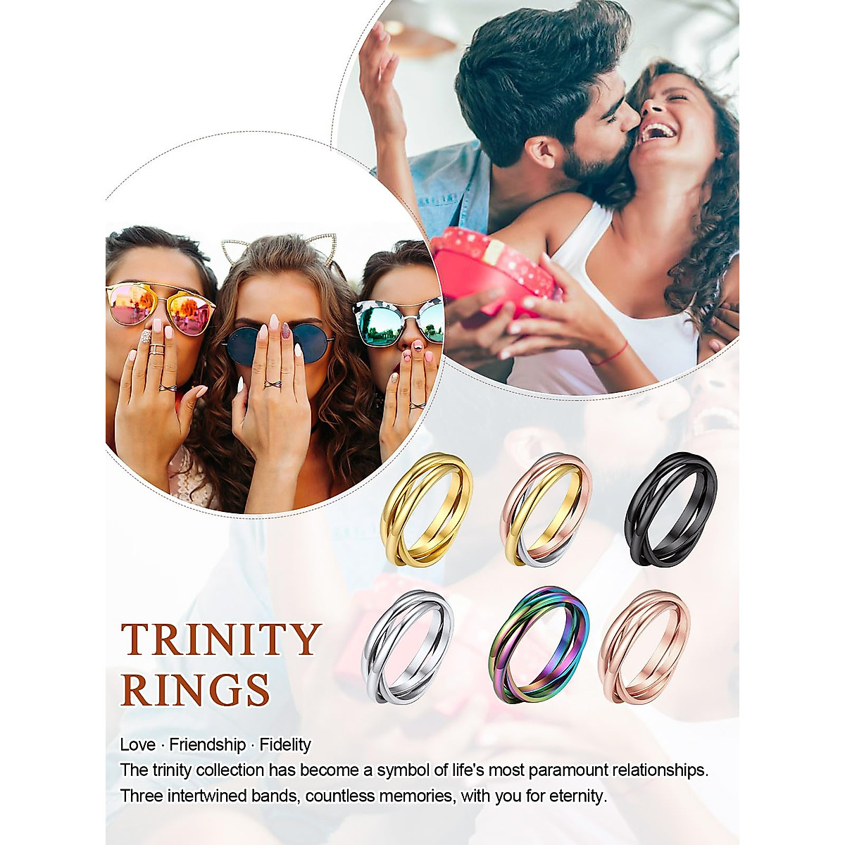 FOCALOOK Womens Rainbow Ring Fashion Fun Ring Triple Interlocked Fidget Ring (Rainbow,8)