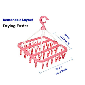 Rivama Clothes Drying Hanger with 32 Clips,Baby Clothes Drying Rack,Sock Clips for Laundry Foldable Clothes Hangers for Drying Socks,Towels,Underwear,Bras,Diapers,Baby Clothes,Gloves,Hats (Pink)