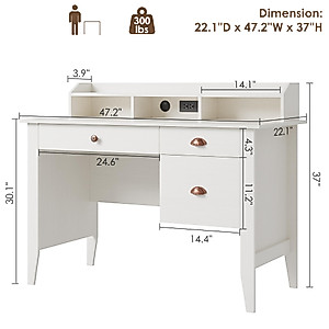 TTVIEW Computer Desk with USB Charging Port and Storage Drawers, Writing Study Table with Hutch Shelf and File Drawer, Executive Desk with 47" Wide Tabletop for Home Office Bedroom, White Oak