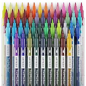 ARTEZA Dual Tip Brush Markers, Set of 48, Art Markers with Fine and Brush Tips, Dual Tip Pens for Adult Coloring, Calligraphy, Sketching, Doodling