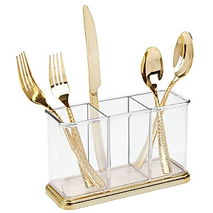 mDesign Plastic Cutlery Utensil Holder Storage Organizer Caddy for Kitchen Countertop Organization - Holds Fork, Knife, Spoon, Silverware - 3 Divided Sections - Hyde Collection - Clear/Soft Brass