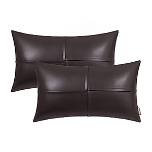 BRAWARM Faux Leather Throw Pillow Covers 12 X 20 Inches, Brown Leather Lumbar Pillow Covers Pack of 2, Hand Stitched Leather Decorative Throw Pillows for Couch Sofa Bed Living Room Home Garden