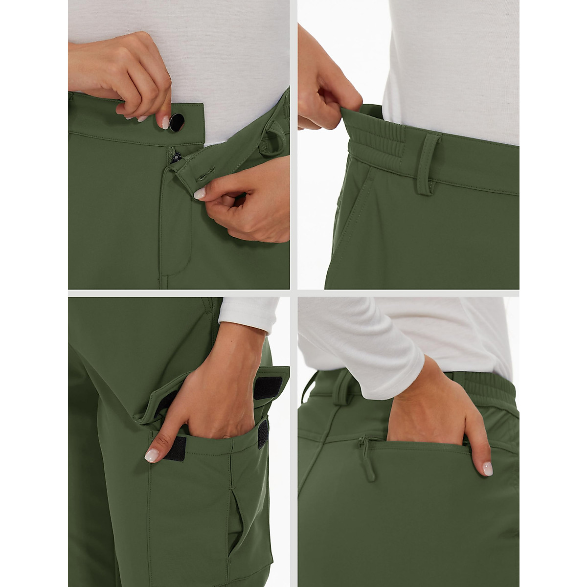 MAGCOMSEN Womens Fleece Lined Pants Winter Hiking Softshell Pants Army Green Waterproof Insulated Snow Ski Pants Cold Weather, L