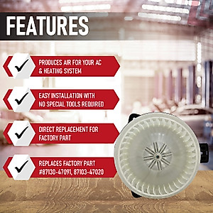 Replacement AC Heater Blower Motor with Fan - Compatible with Toyota Prius 2001, 2002, 2003, 2004, 2005, 2006, 2007, 2008, 2009 - Replaces 87130-47091, 87103-47020, 87103-47050, 75774, 700153