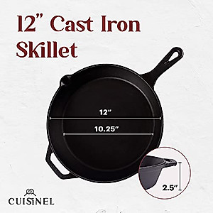 Cuisinel Cast Iron Skillet - 12"-Inch Frying Pan with Assist Loop Handle and Pour Spouts + Silicone Grip Handle Cover - Preseasoned Oven Safe Cookware - For Indoor/Outdoor, Grill, Stovetop Use
