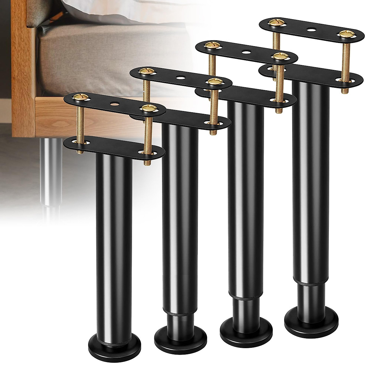ZhouDaShu Adjustable Height Bed Frame Center Support Legs with Wider Base,Bed Support Legs Replacement for Metal/Wood Slats,Bed Reinforcement Kit,Height from 10" to 16.5",Black-4 Pcs
