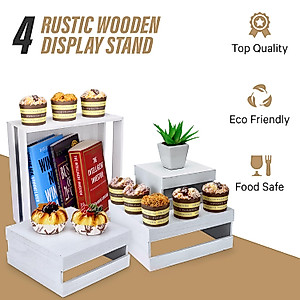Set of 4 Rustic White Wooden Display Risers: Stackable Rustic Cake Stands, Whitewashed Decorative Cupcake & Appetizer Boxes for Wedding, Birthday, Parties - Versatile Dessert and Food Showcase