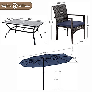 Sophia & William 8 Pieces Patio Dining Furniture with 13 Ft Navy Double-Sided Twin Umbrella, Outdoor Rattan Chairs & Metal Table Set with Cushions and 1.57" Umbrella Hole for Backyard Porch Poolside