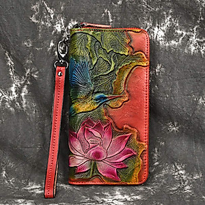 NASTASSA Wallets for Women Embossed Flower Handmade Leather Wallet Cell Phone Clutch Holder Purse (Red)