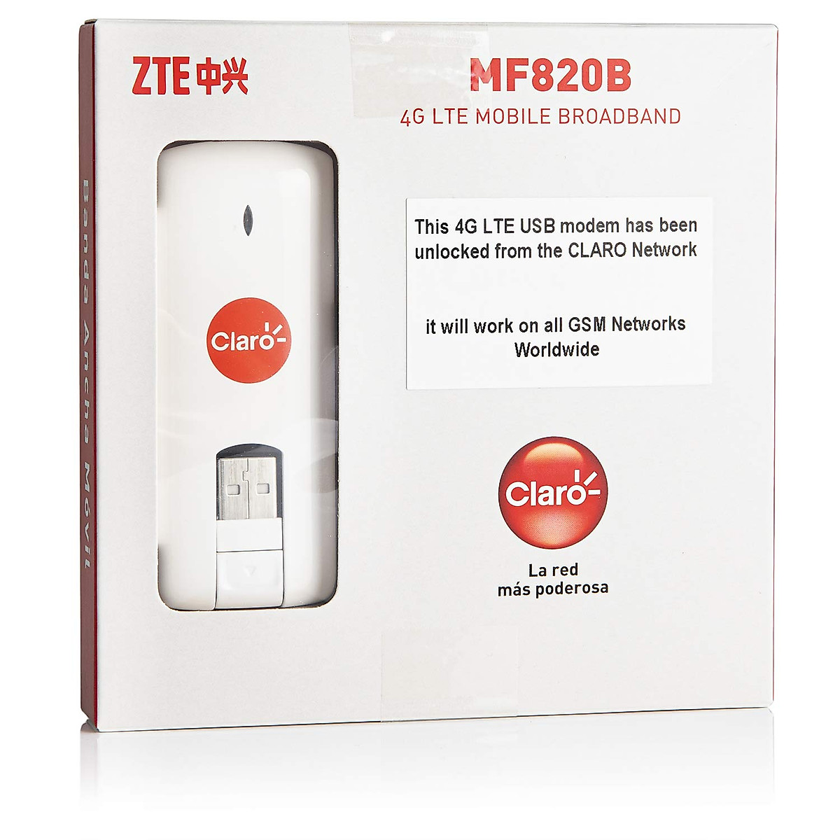 ZTE MF820B 4G LTE USB Modem (GSM Unlocked) - Retail packaging