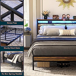 Homieasy Queen Size Bed Frame with Charging Station and Led Lights, Industrial Metal Platform Bed with Storage Headboard, Steel Slat Support, No Box Spring Needed, Noise-Free, Easy Assembly, Black Oak