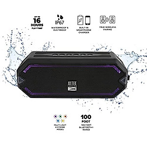 Altec Lansing HydraJolt Wireless Bluetooth Speaker, Waterproof Portable Speakers with Built in Phone Charger and Lights, Everything Proof Outdoor, Shockproof, Snowproof, 16 Hours Playtime (Black)