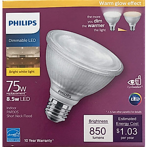 PHILIPS LED Dimmable PAR30S Bright White Short Neck Indoor Flood 10.5W (75W Equivalent) with Warm Glow Effect, 1-Pack