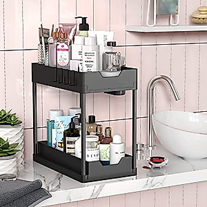 Innotic Under Sink Organizer, Double Sliding Under Cabinet Organizer 2 Tier Pull Out Drawers Multi-purpose Under Sink Organizers and Storage with 4 Hooks, Hanging Cup for Kitchen Bathroom 1 pack