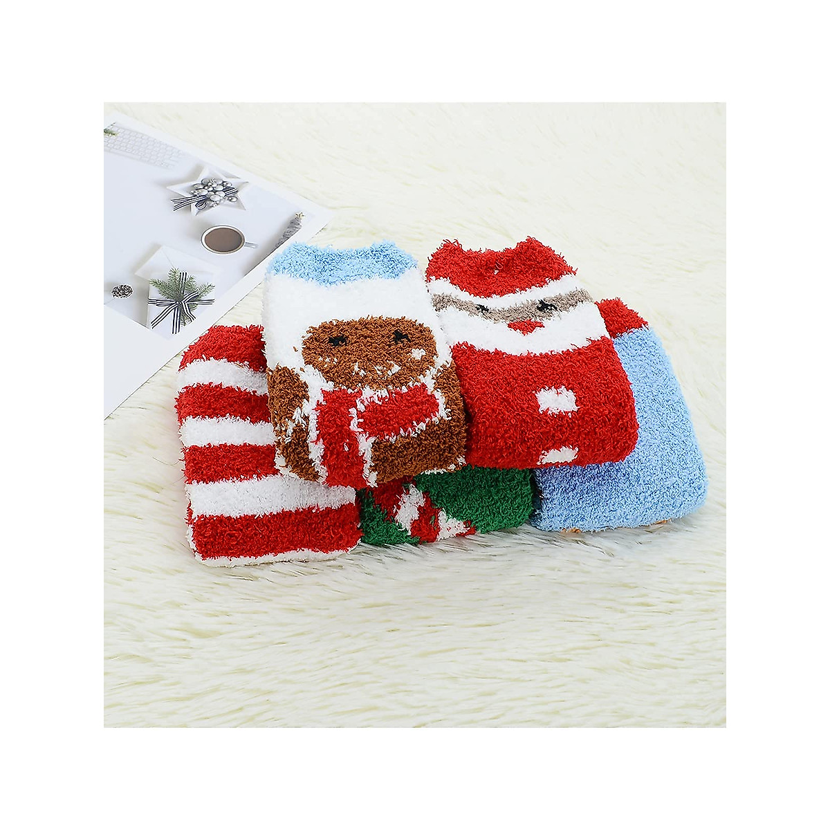 Century Star Womens Fuzzy Socks with Grips Hospital Socks Non Slip Slipper Socks Athletic Fluffy Cozy Gripper Yoga Pilates Socks for Christmas 5 Pairs Chriatmas Set