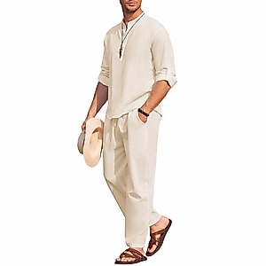 COOFANDY Men's 2 Pieces Cotton Linen Set Long Sleeve Henley Shirts Casual Beach Pants With Pockets Summer Yoga Outfits