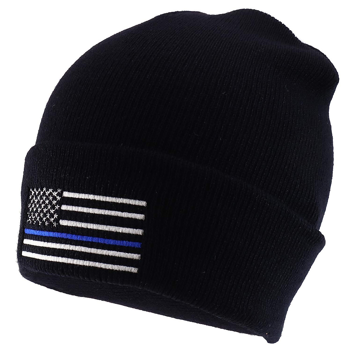 Armycrew Thin Blue Line TBL Flag Embroidered Cuff Long Beanie - Black